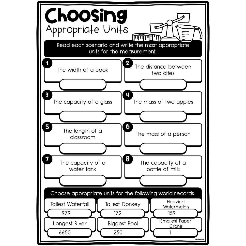 Choosing Appropriate Units: Mass, Length or Capacity Worksheet - Top ...