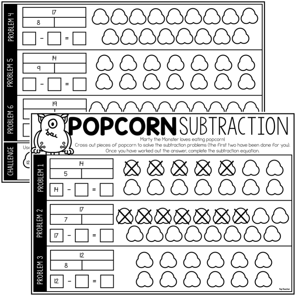 Popcorn Subtraction to 20 Worksheets - Top Teacher