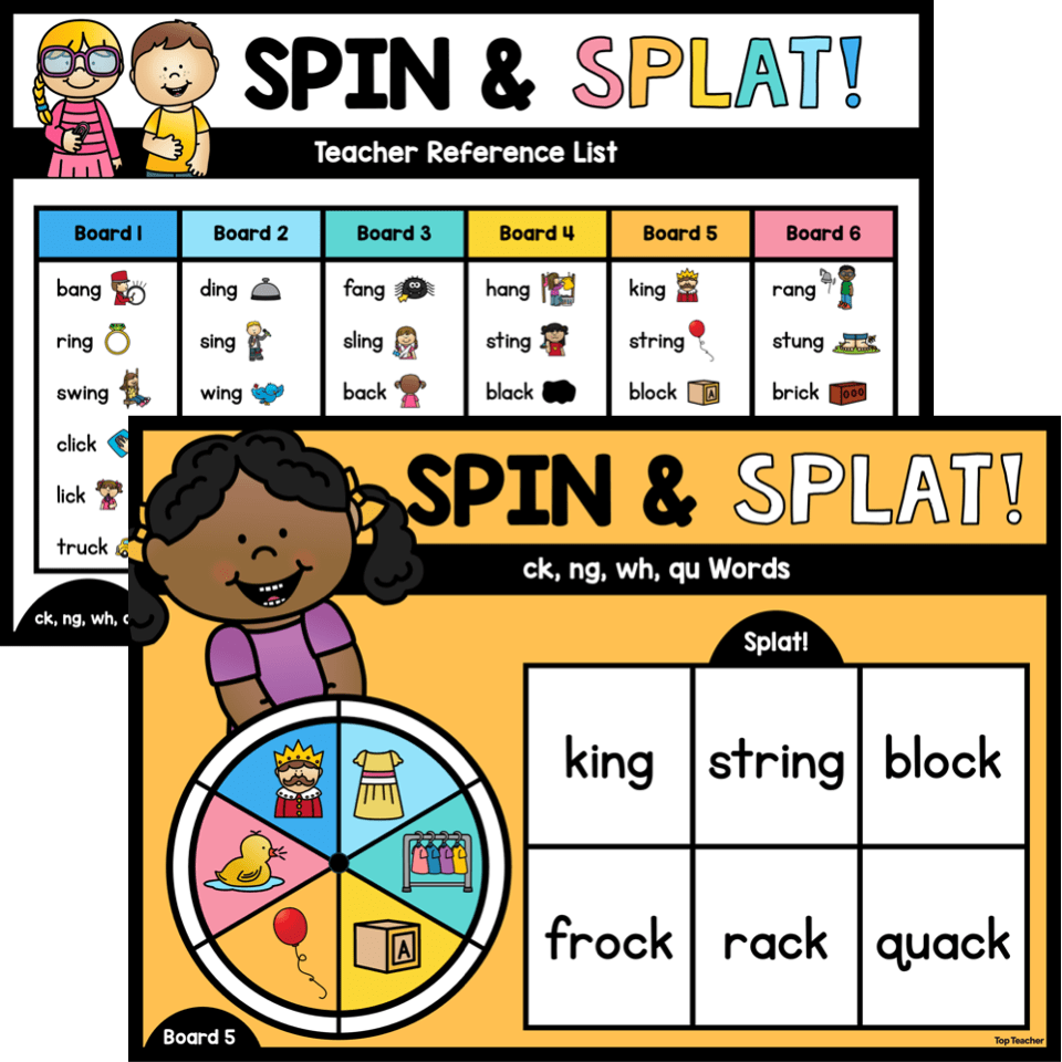 Spin & Splat: Blending and Segmenting Digraph Words ck, ng, wh, qu ...