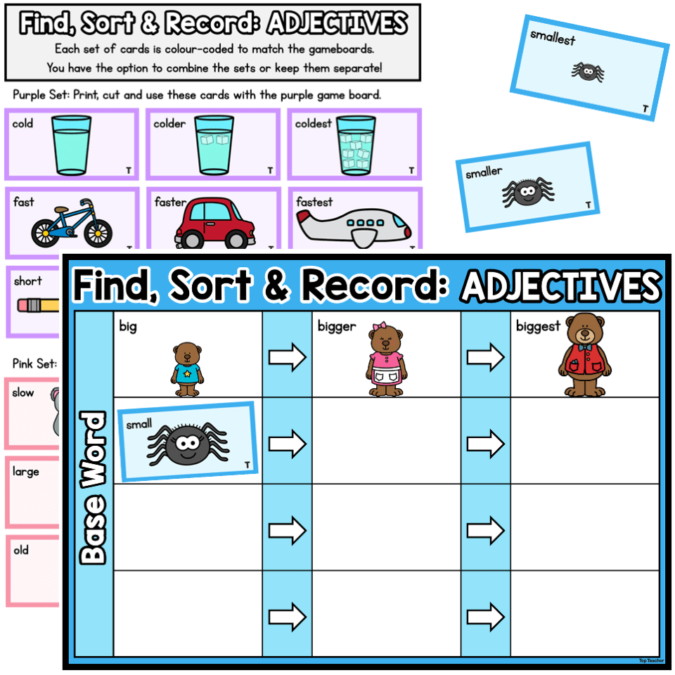Find, Sort & Record: Adjectives Game - Top Teacher