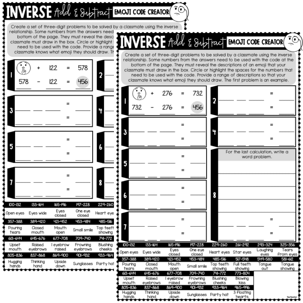Inverse Three-Digit Add & Subtract Emoji Code Creator Worksheets - Top ...