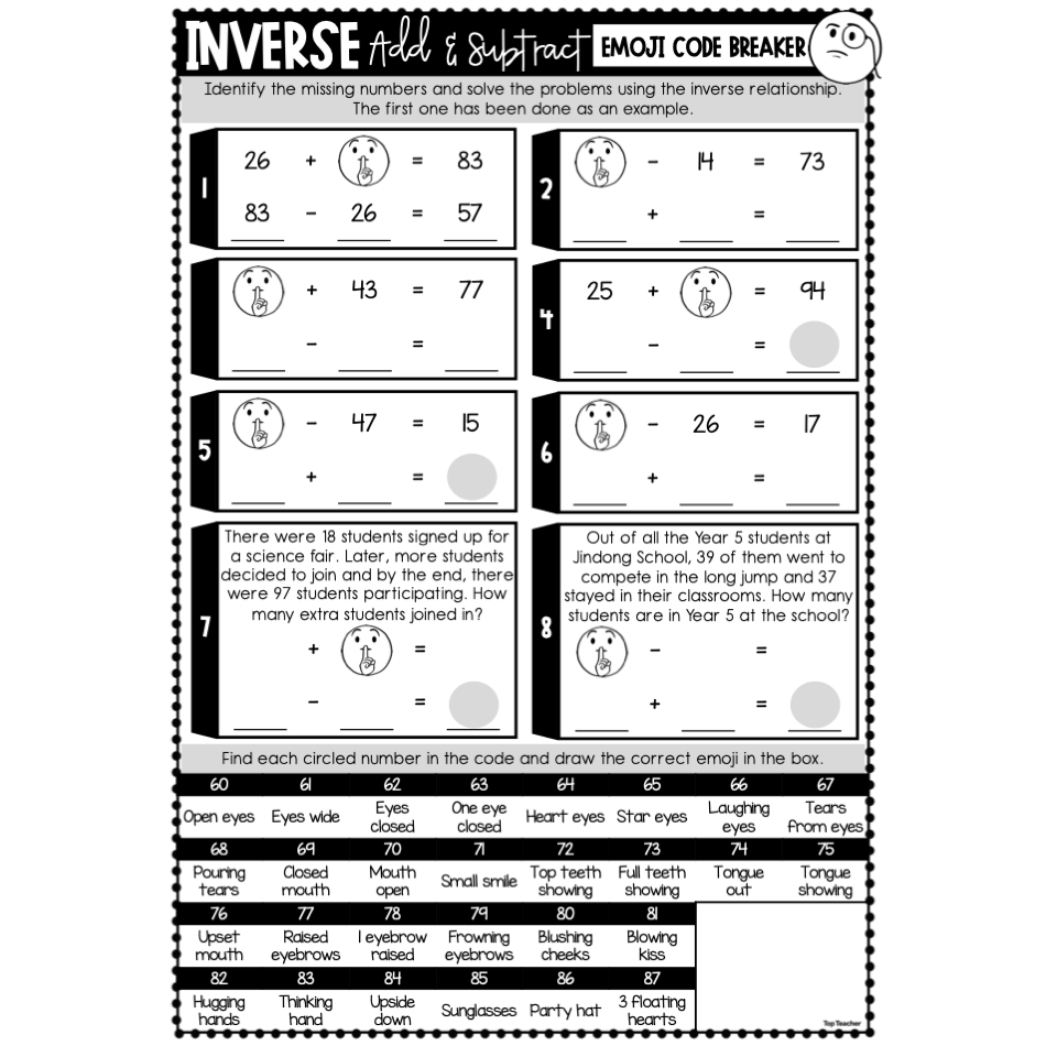 Inverse Two-Digit Add & Subtract Emoji Code Breaker Worksheets - Top ...