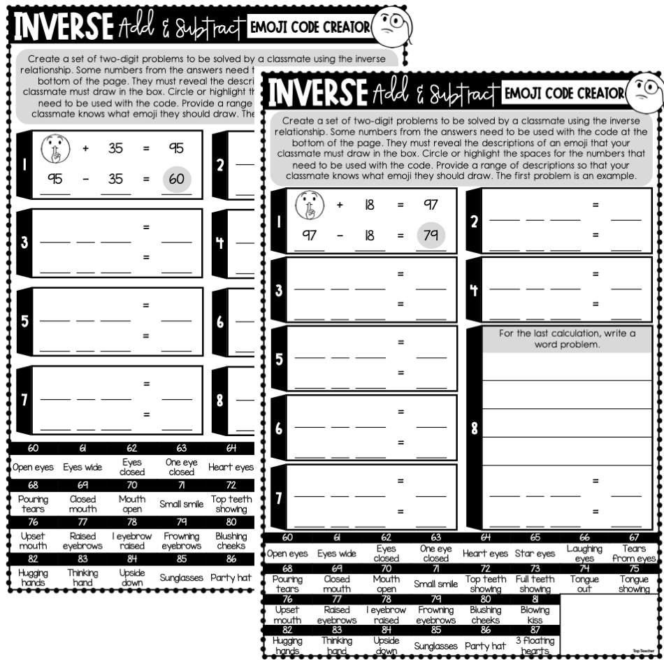 Inverse Two-Digit Add & Subtract Emoji Code Creator Worksheets - Top ...