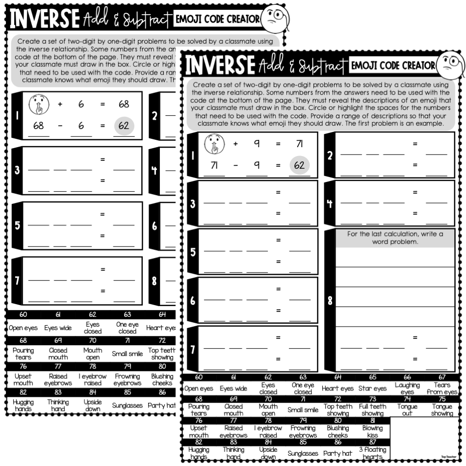 Inverse Two-Digit by One-Digit Add & Subtract Emoji Code Creator ...