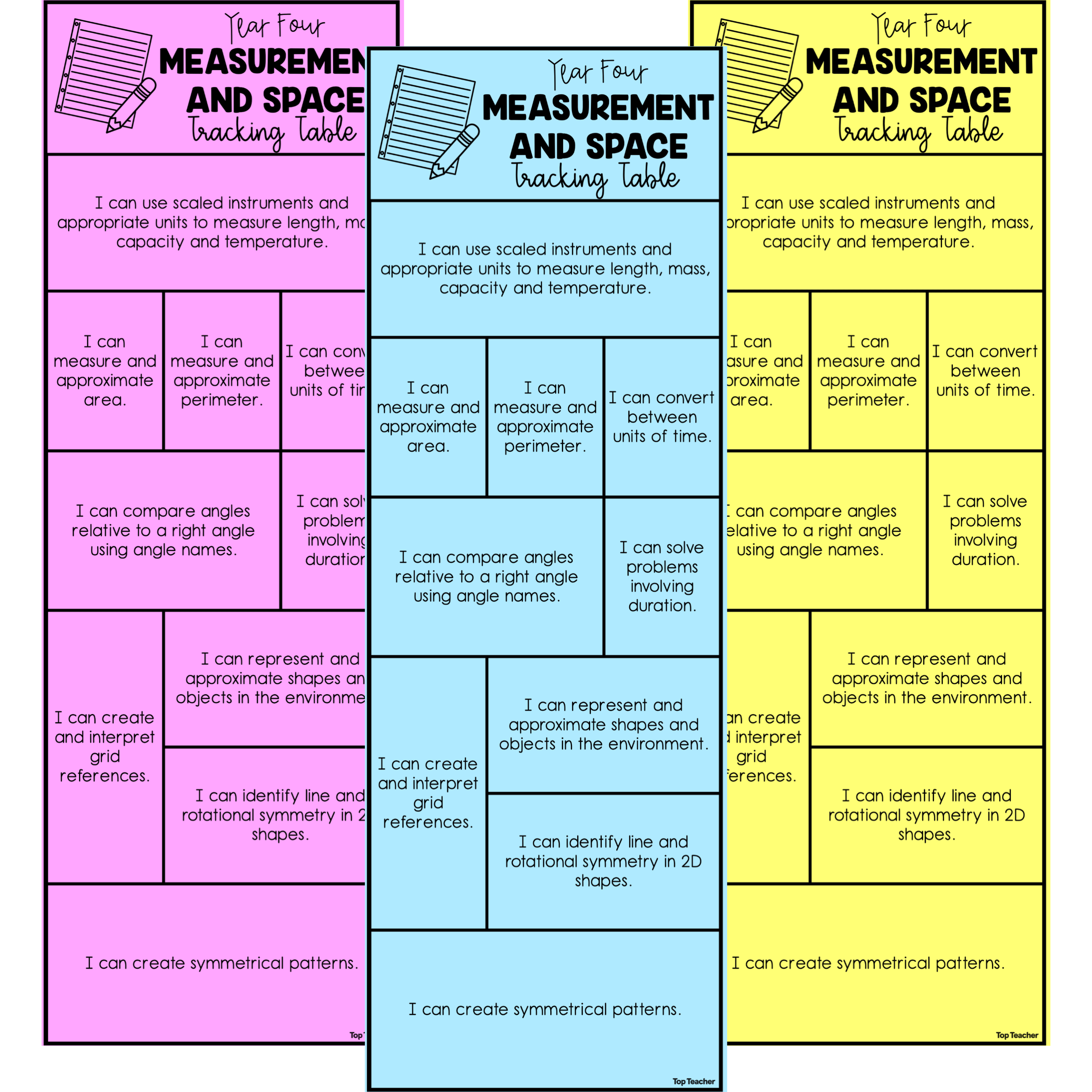 Measurement & Space Strand Tracking Table: Year 4 - Top Teacher