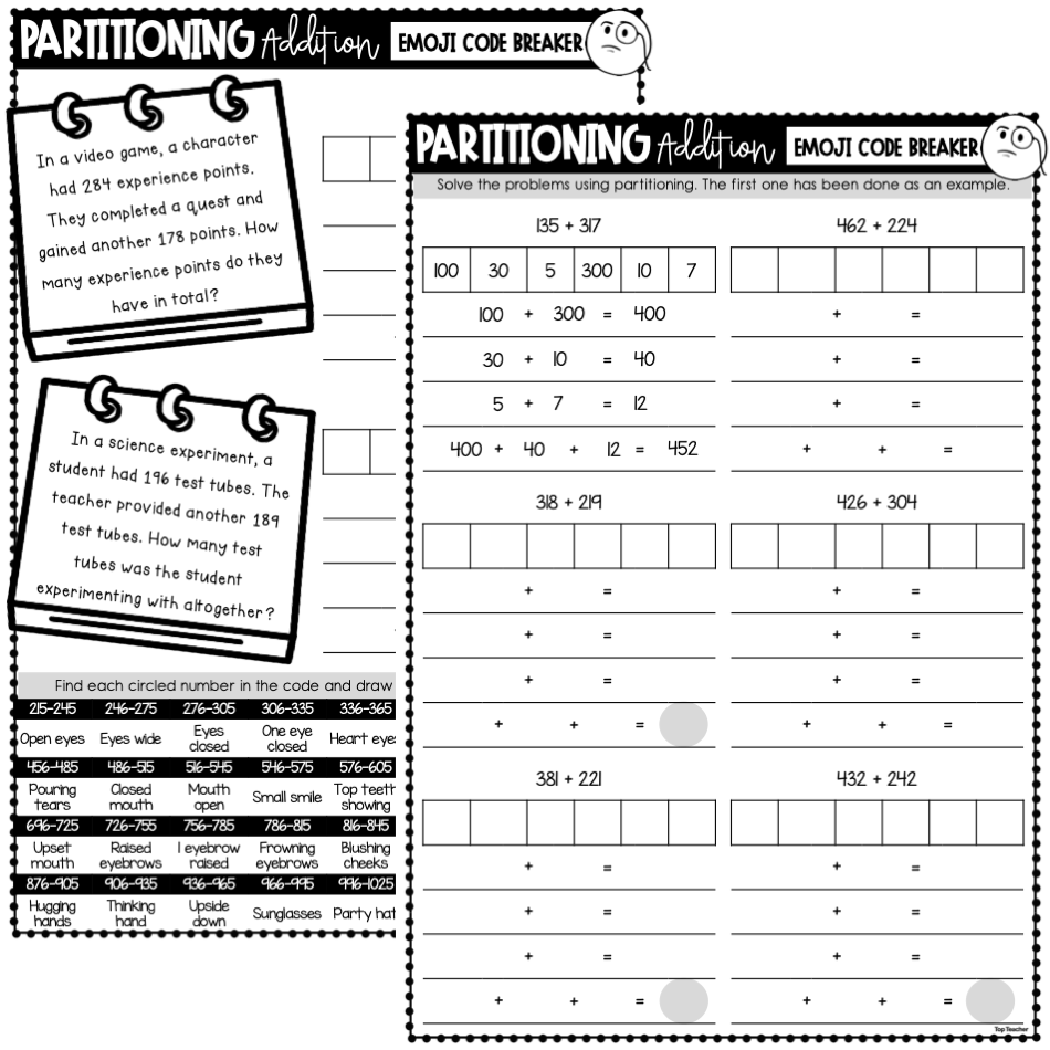 Partitioning Three-Digit Addition Emoji Code Breaker Worksheets - Top ...