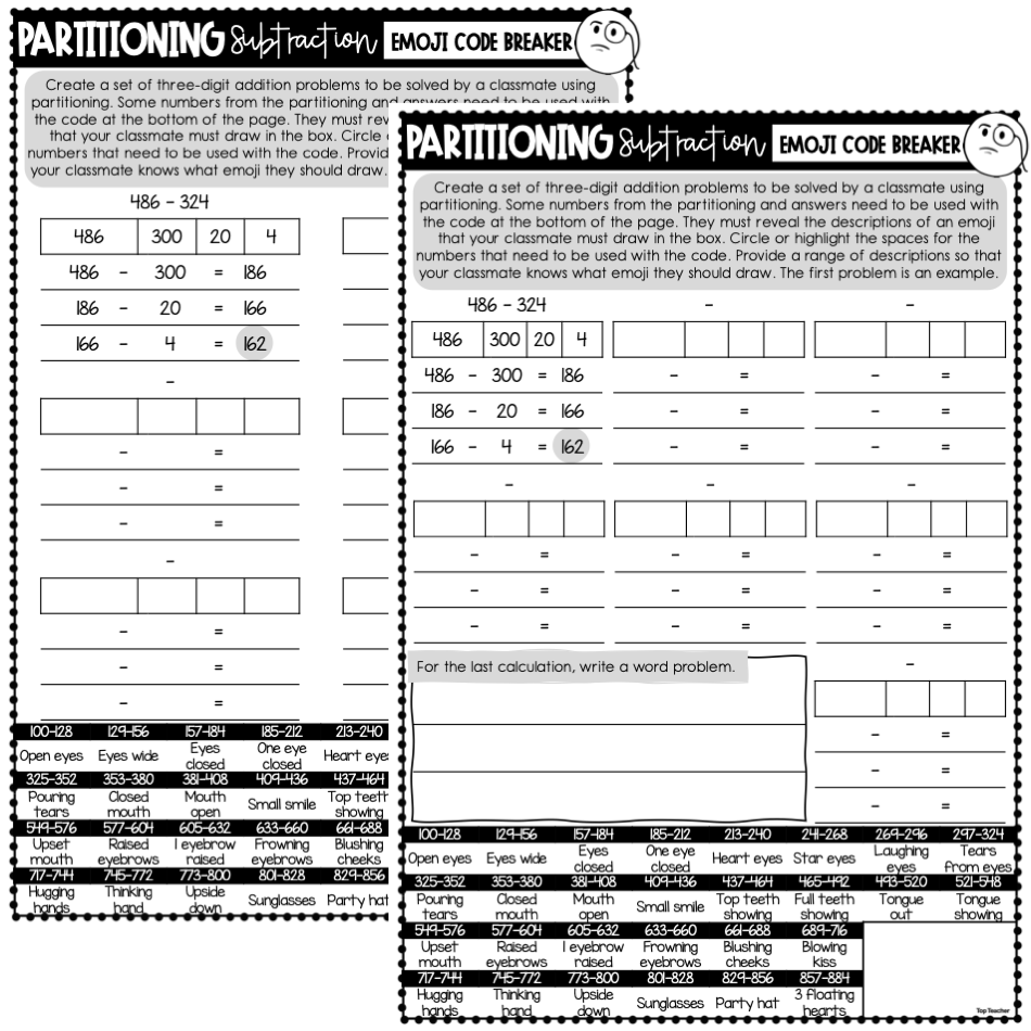Partitioning Three-Digit Subtraction Emoji Code Creator Worksheets ...