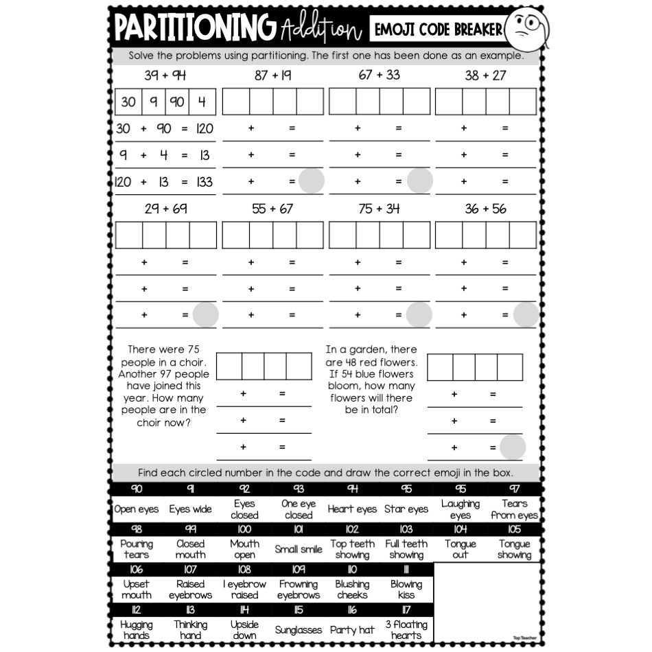 Partitioning Two-Digit Addition Emoji Code Breaker Worksheets - Top Teacher