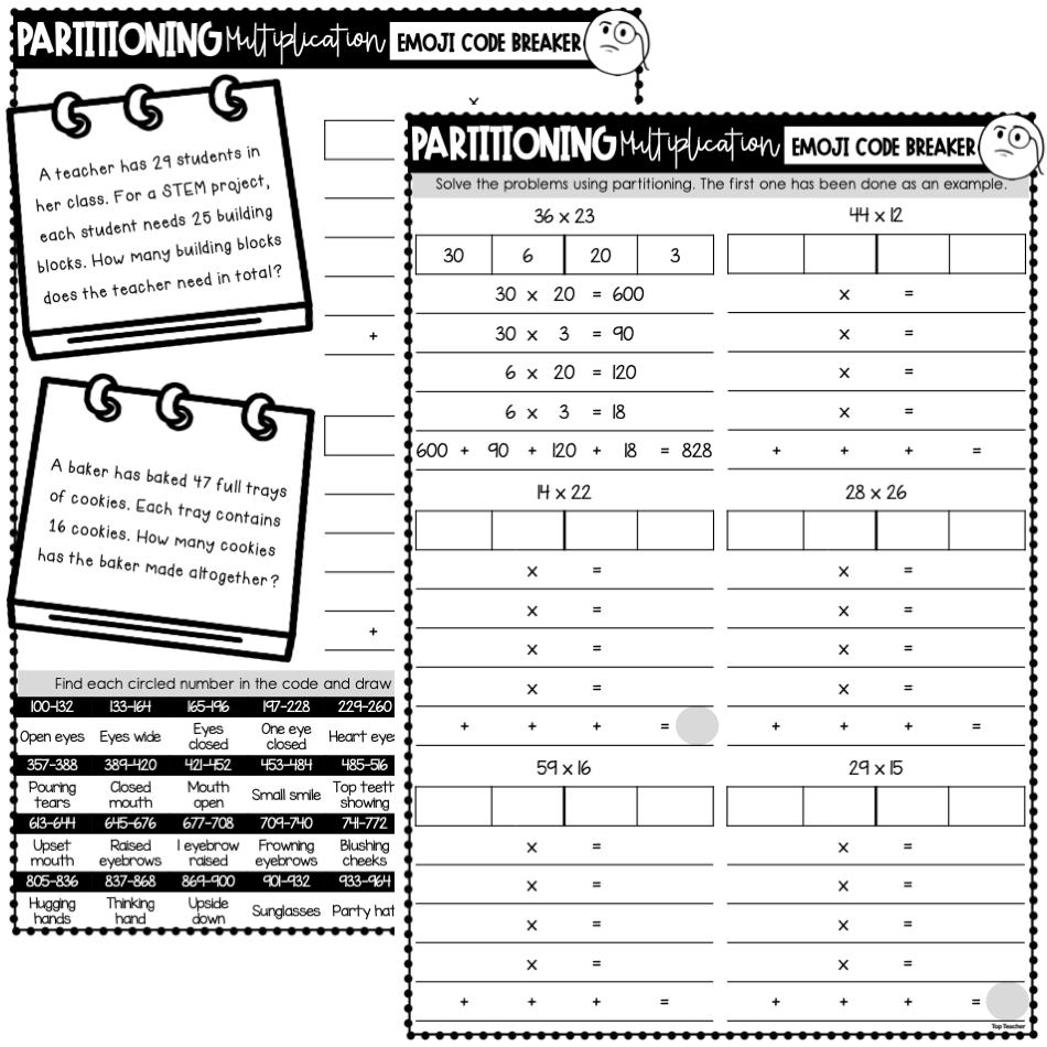 Partitioning Two-Digit Multiplication Emoji Code Breaker Worksheets ...