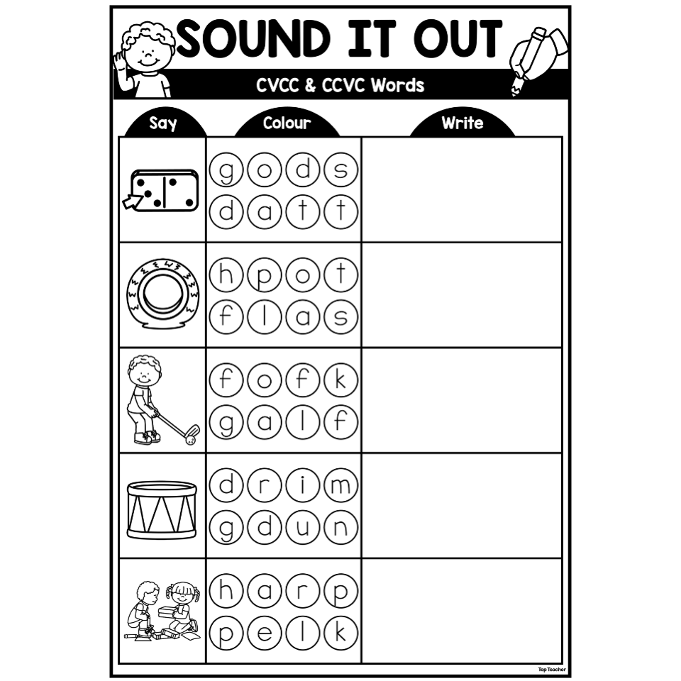 Sound Button Spelling Worksheet: CVCC & CCVC - Top Teacher