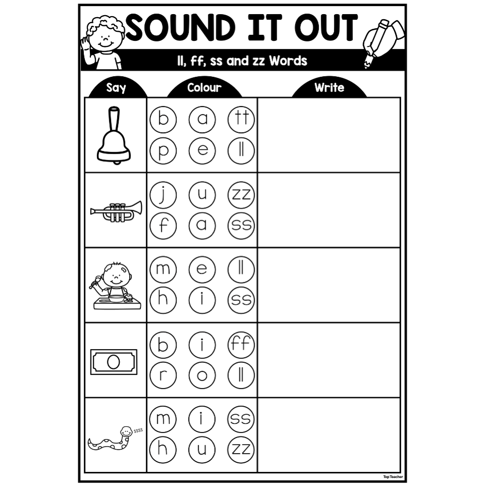 Sound Button Spelling Worksheet: ff, ll, ss & zz - Top Teacher
