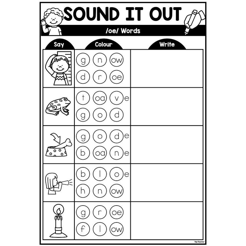 Sound Button Spelling Worksheet: /oe/ - Top Teacher