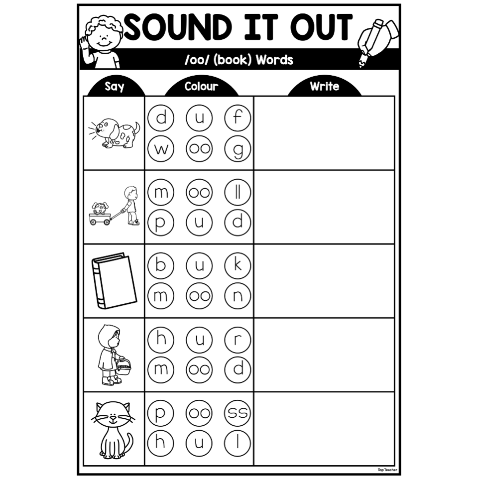 Sound Button Spelling Worksheet: /oo/ (book) - Top Teacher