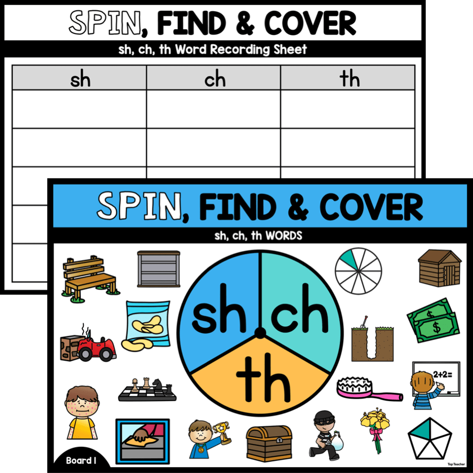 Spin, Find & Cover Phonics Game: sh, ch, th - Top Teacher