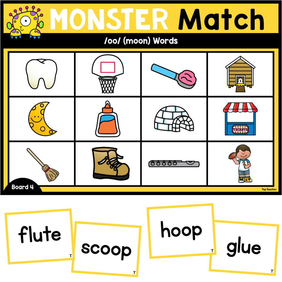 Monster Match Phonics Game: /oo/ (moon) - Top Teacher