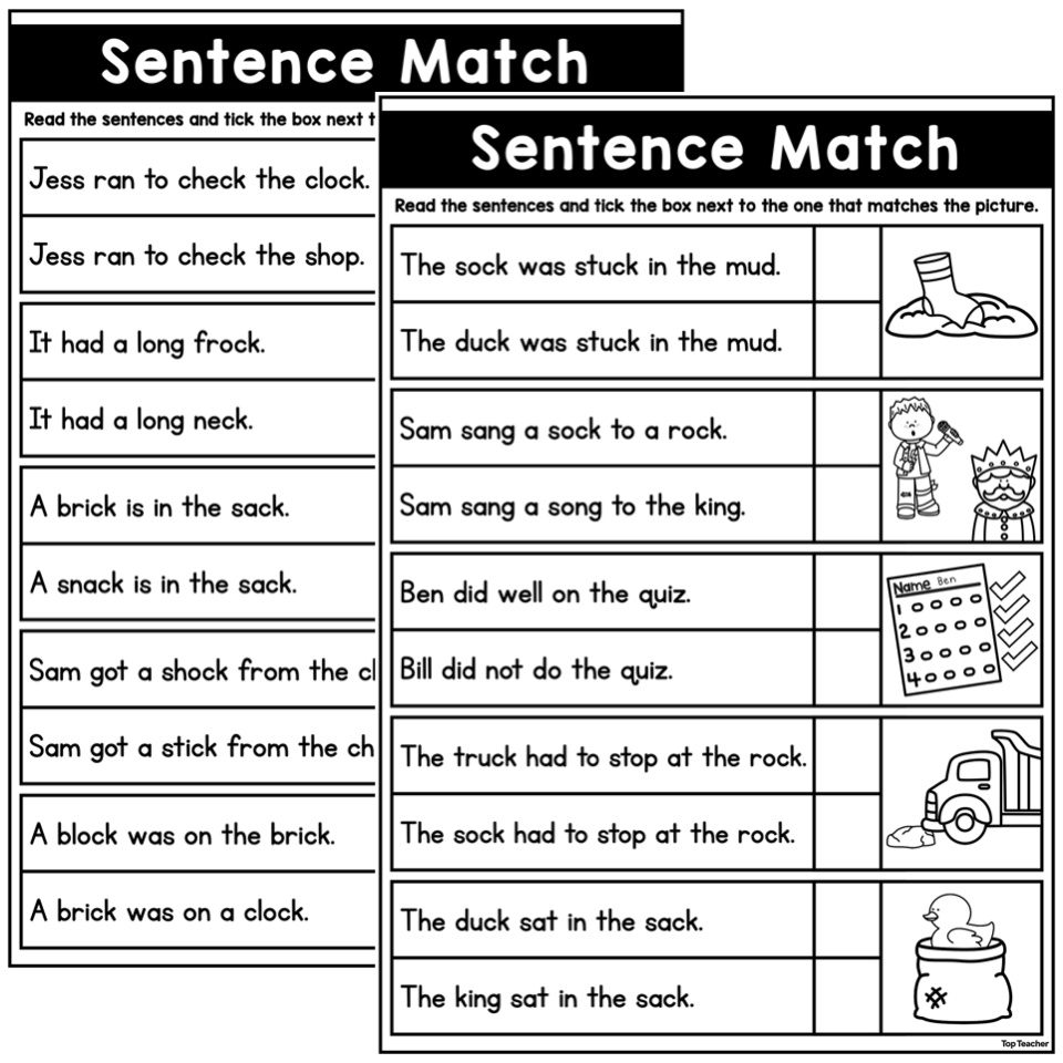 Decodable Sentence Match Worksheet: ck, ng, wh, qu - Top Teacher