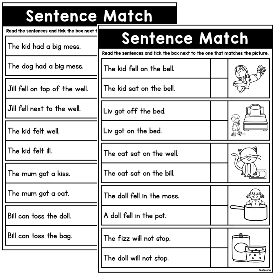Decodable Sentence Match Worksheet: ff, ll, ss, zz - Top Teacher