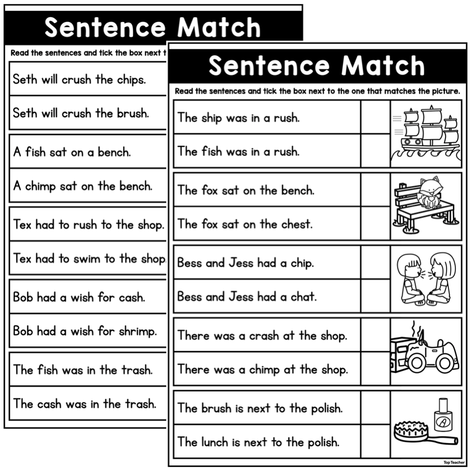 Decodable Sentence Match Worksheet: sh, ch, th - Top Teacher