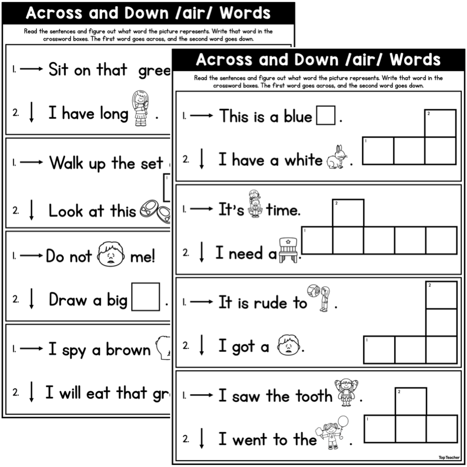 Across & Down Words Worksheet: /air/ - Top Teacher