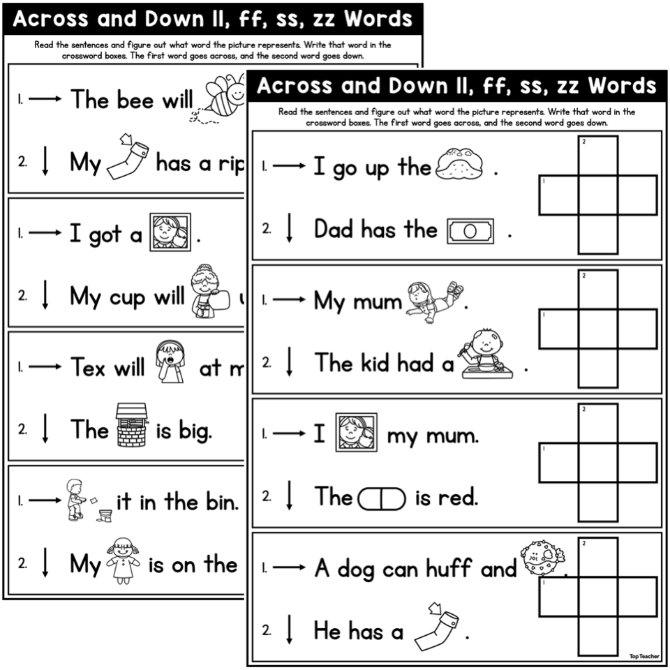 Across & Down Words Worksheet: ff, ll, ss, zz - Top Teacher