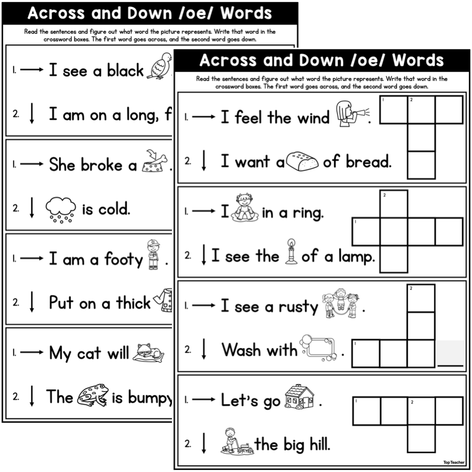 Across & Down Words Worksheet: /oe/ - Top Teacher