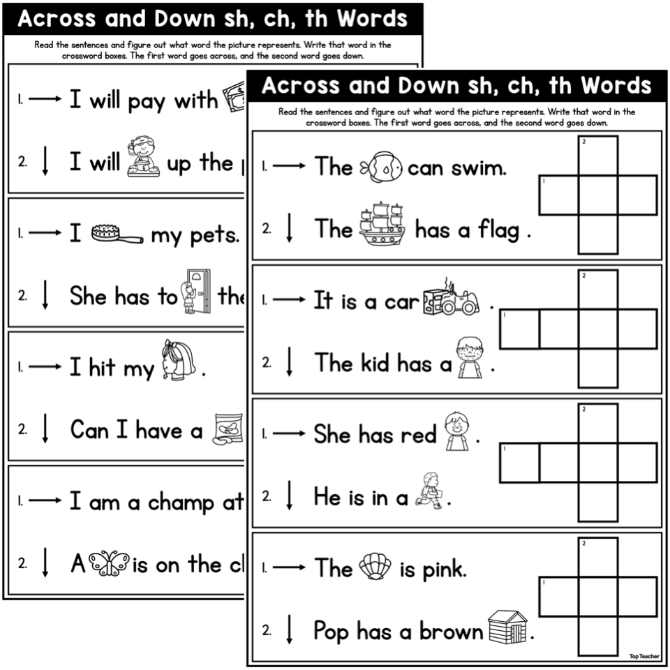 Across & Down Words Worksheet: sh, ch, th - Top Teacher