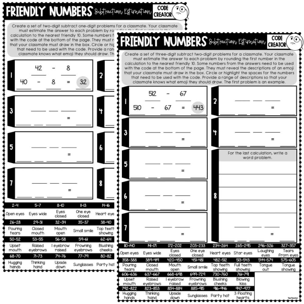 Friendly Numbers Subtraction Code Worksheets - Top Teacher