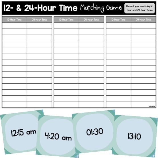 12 & 24-Hour Time Matching Game - Top Teacher