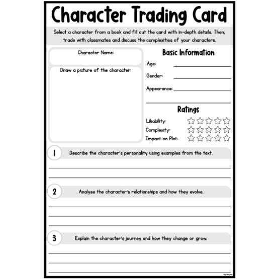 Character Trading Card Worksheets - Top Teacher