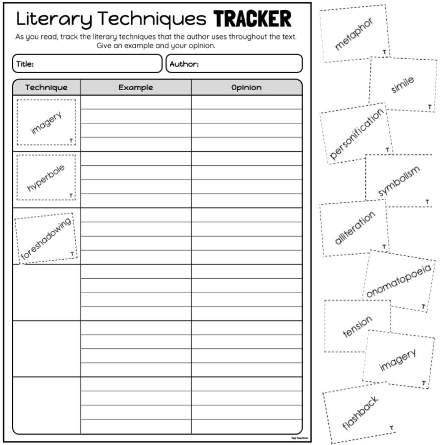 Literary Techniques Tracker Worksheet - Top Teacher