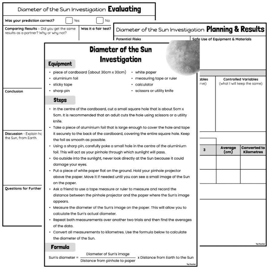 Diameter of the Sun: Earth & Space Sciences Investigation Worksheets ...