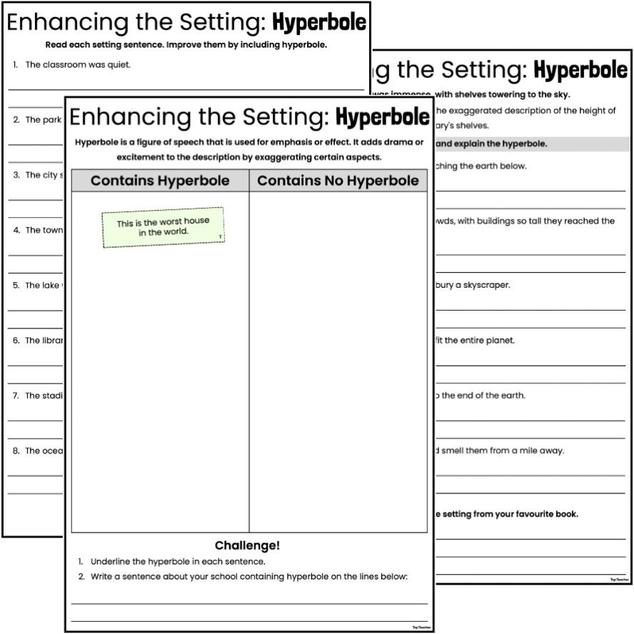 Enhancing the Setting: Hyperbole Worksheets - Top Teacher