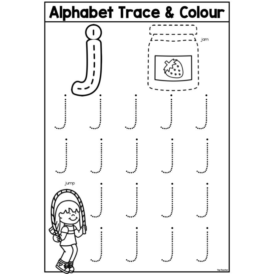 Alphabet Trace & Colour Worksheet: Letter j - Top Teacher