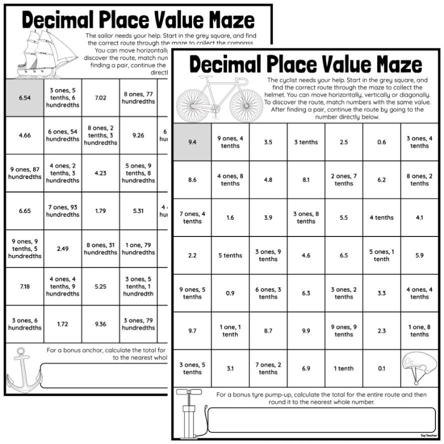 Decimal Place Value Maze: Tenths & Hundredths Worksheets - Top Teacher