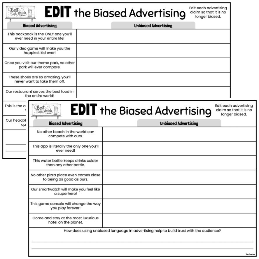 Edit the Biased Advertising: Identifying Bias Worksheets - Top Teacher
