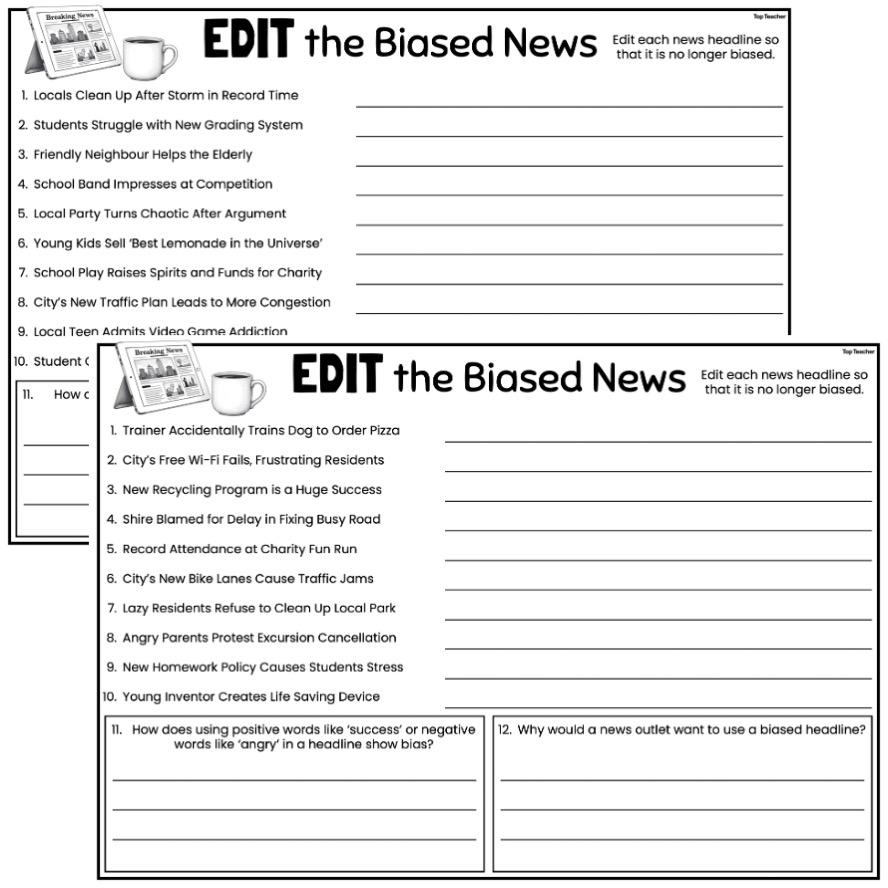 Edit the Biased News: Identifying Bias Worksheets - Top Teacher