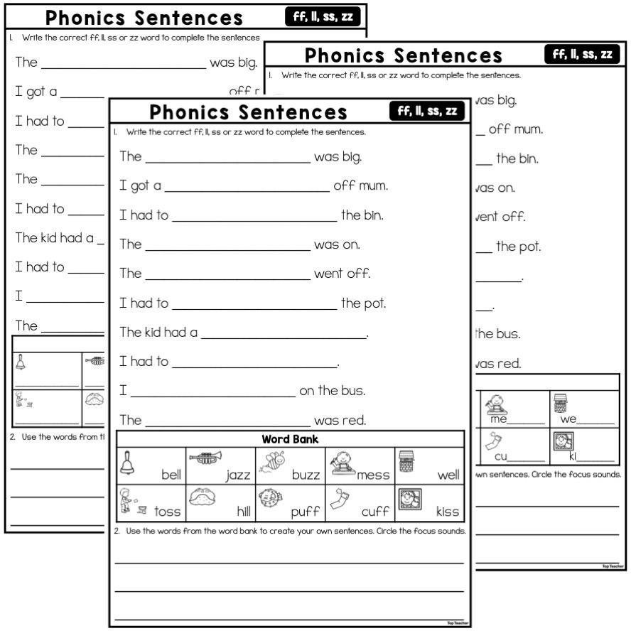 Phonics Sentences Worksheet: ff, ll, ss, zz - Top Teacher