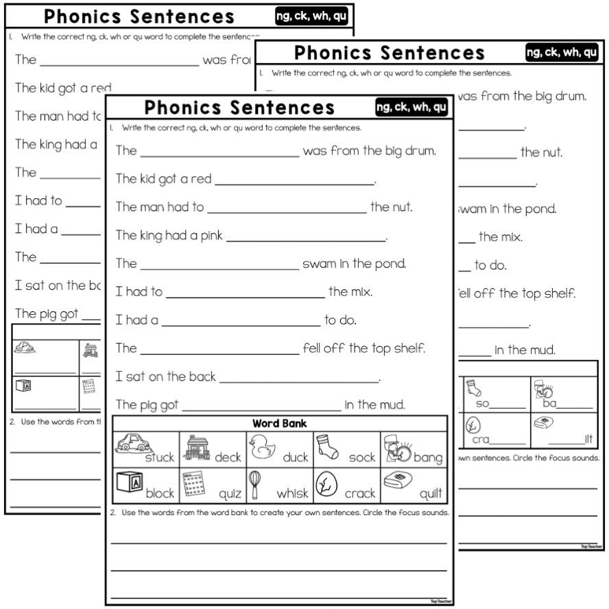 Phonics Sentences Worksheet: ng, ck, wh, qu - Top Teacher