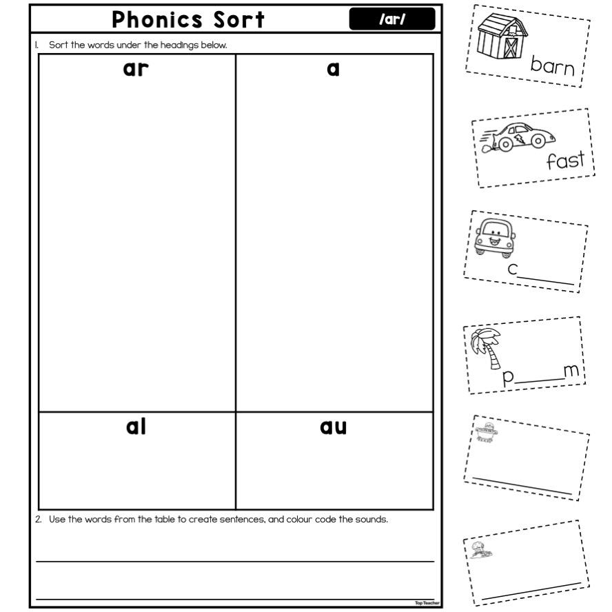 Phonics Sort Worksheet: /ar/ - Top Teacher