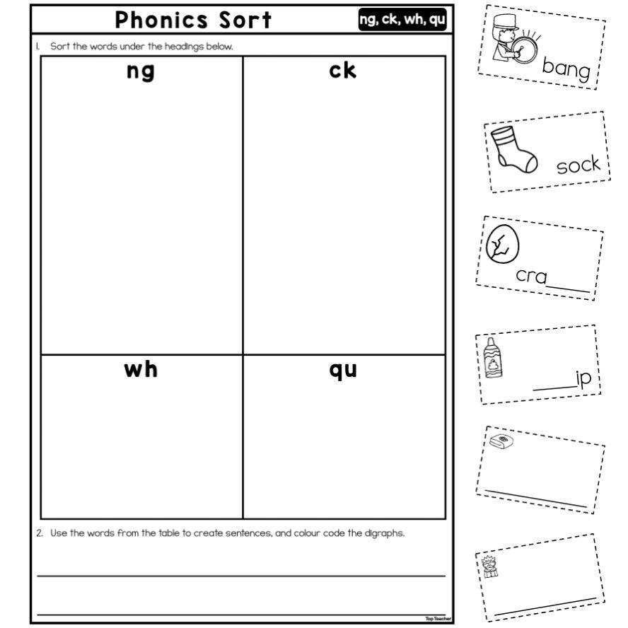 Phonics Sort Worksheet: ng, ck, wh, qu - Top Teacher