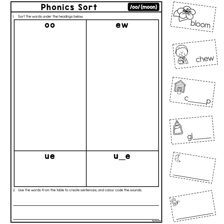 Phonics Sort Worksheet: oo (moon) - Top Teacher