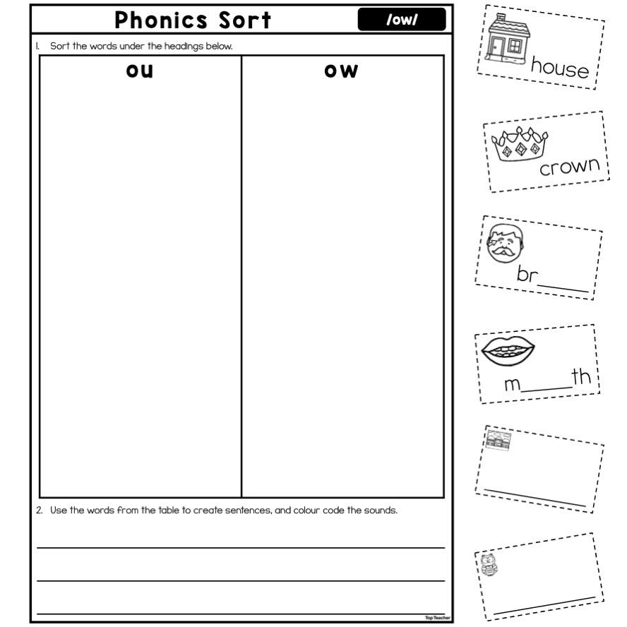 Phonics Sort Worksheet: /ow/ - Top Teacher