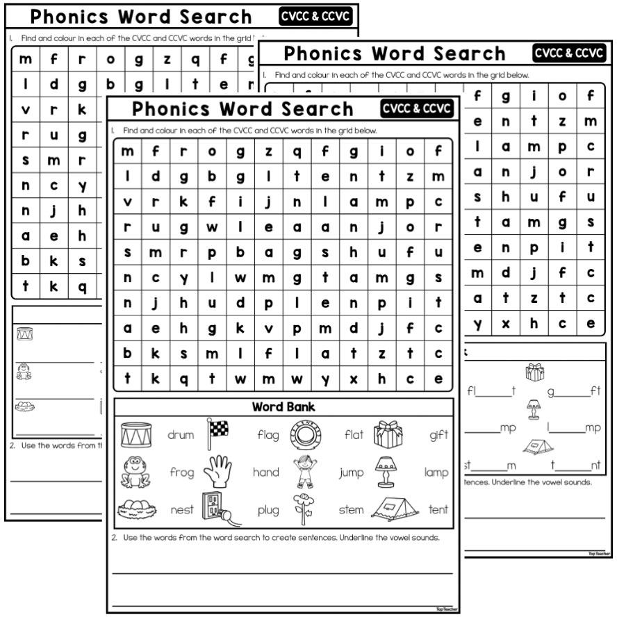 Phonics Word Search Worksheet: CVCC & CCVC - Top Teacher