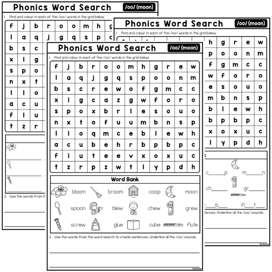 Phonics Word Search Worksheet: /oo/ (moon) - Top Teacher