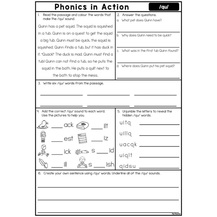 Phonics in Action Worksheet: /qu/ - Top Teacher