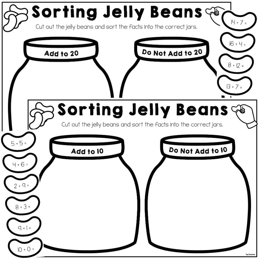 Sorting Jelly Bean Facts: Addition to 10 & 20 Worksheets - Top Teacher
