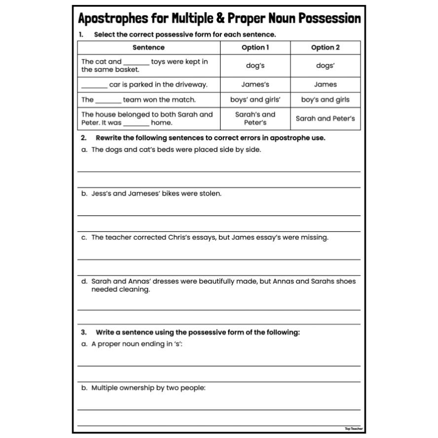 Apostrophes for Multiple & Proper Noun Possession Worksheets - Top Teacher