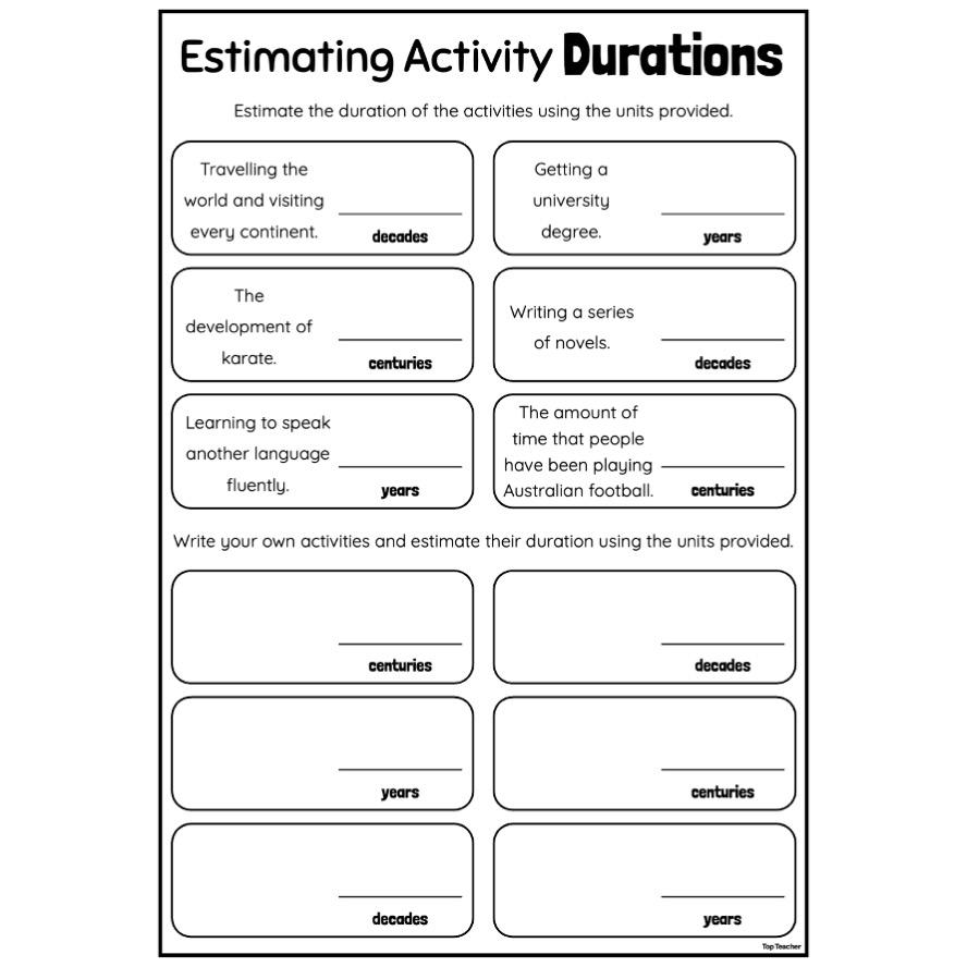 Estimating Activity Durations: Time Worksheets - Top Teacher