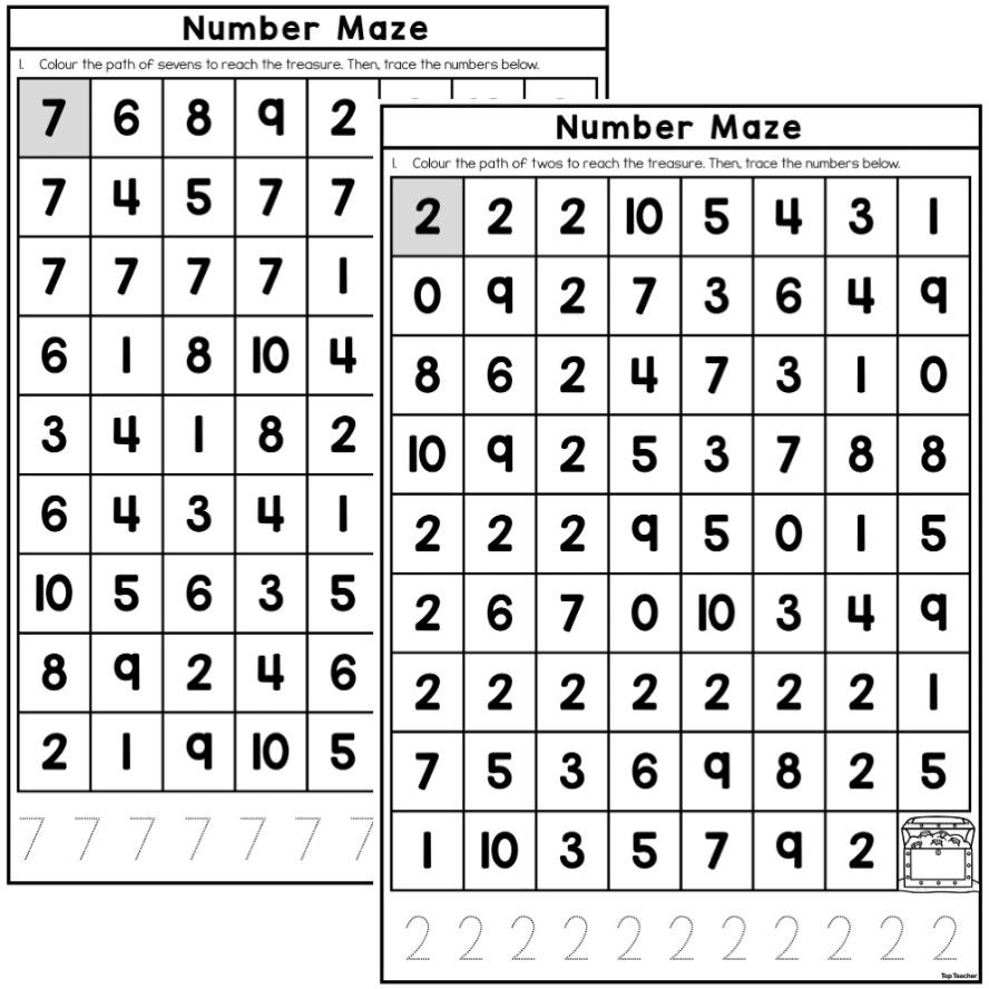Number Maze: Recognising Numbers to 10 Worksheets - Top Teacher