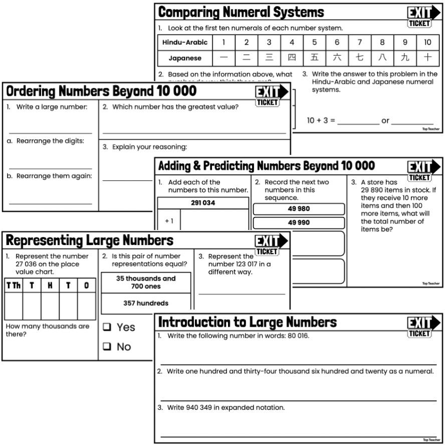 Numbers Beyond 10 000 Exit Tickets PACKAGE - Top Teacher